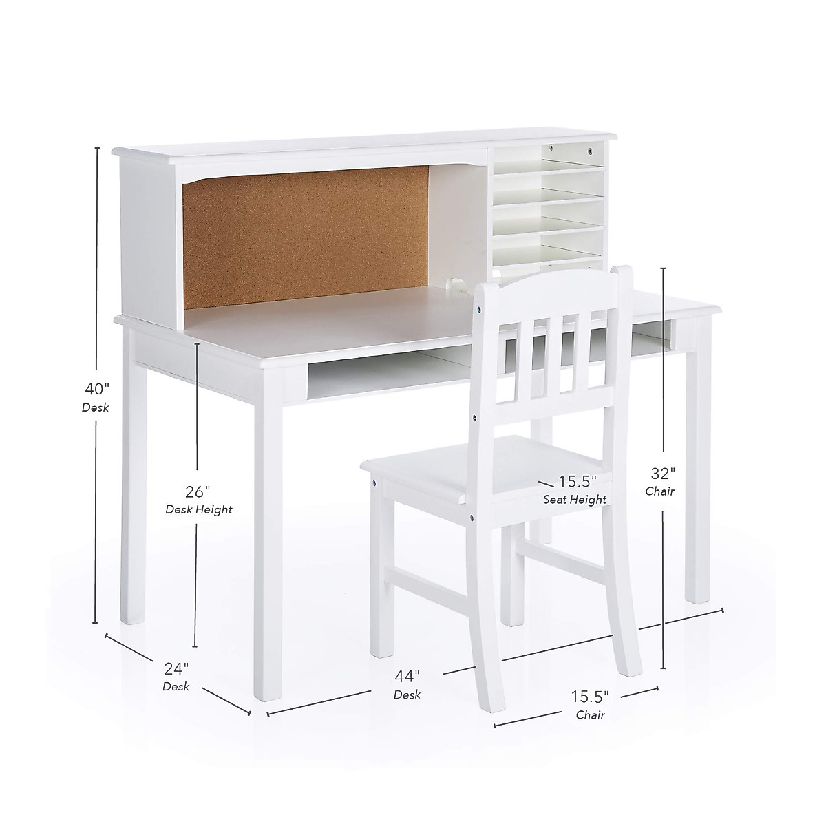 Guidecraft Children’s Media Desk and Chair Set – White: Student's Study Computer Workstation with Hutch and Storage, Wooden Kids Bedroom Furniture