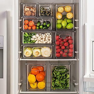 MineSign 9 Pack Stackable Fridge Organizer Drawer Pull-Out Bins with Handles Large Clear Food Container with Removable Dividers Refrigerator Storage box Divided Produce Saver for Pantry Kitchen