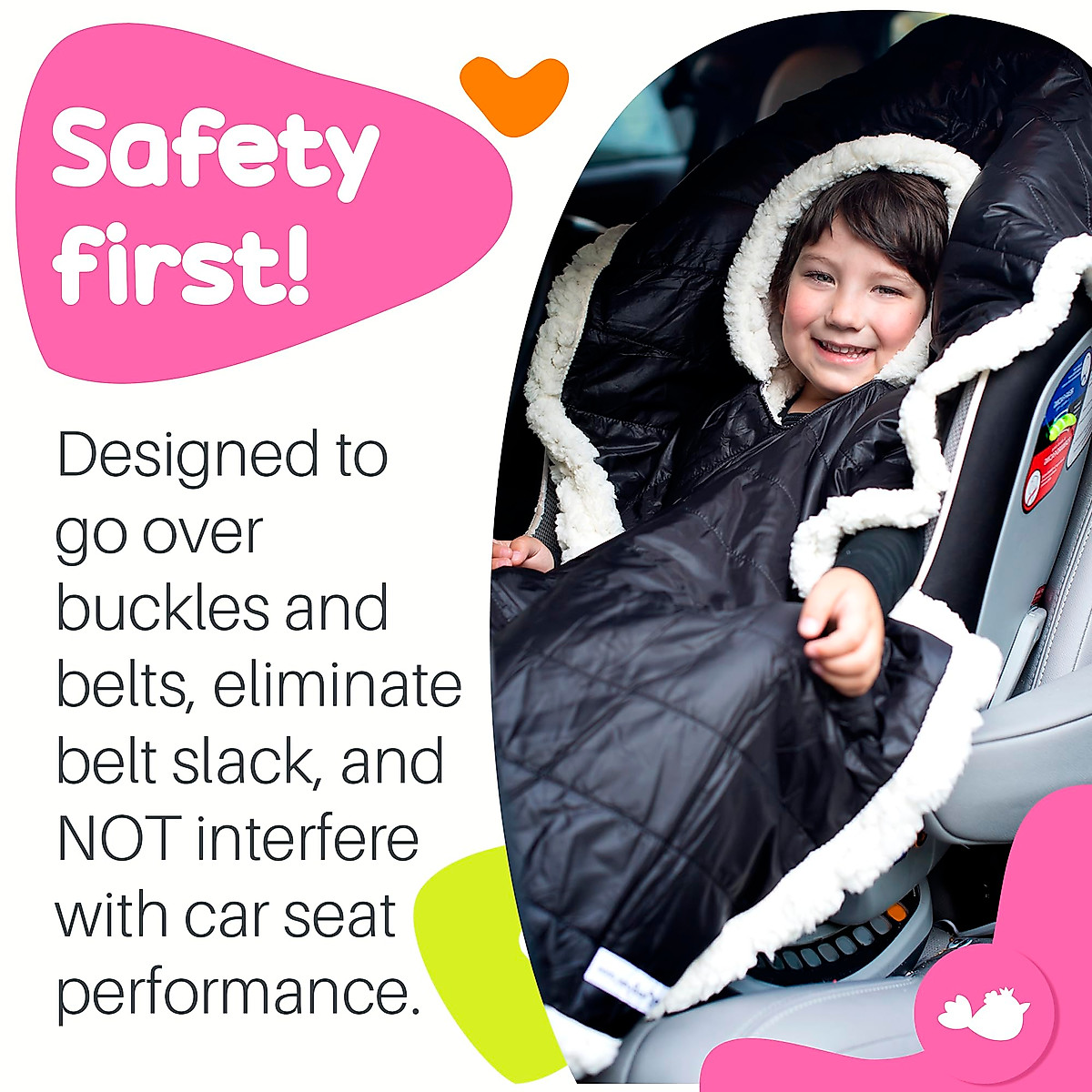 Birdy Boutique Car Seat Poncho for Kids – Safe to Use Over Seat Belts – Reversible Warm and Cozy Blanket – Easy on Easy Off and Doesn’t Impact Car Seat Performance – Black – One Size