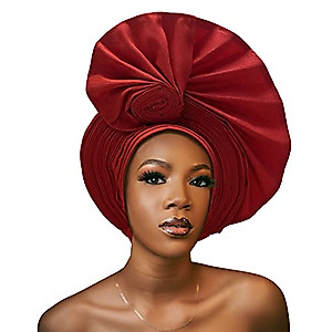 Nigerian Headtie African Head Wraps Aso Oke Gele Already Made Handmade African Turban Cap For Party (Red)
