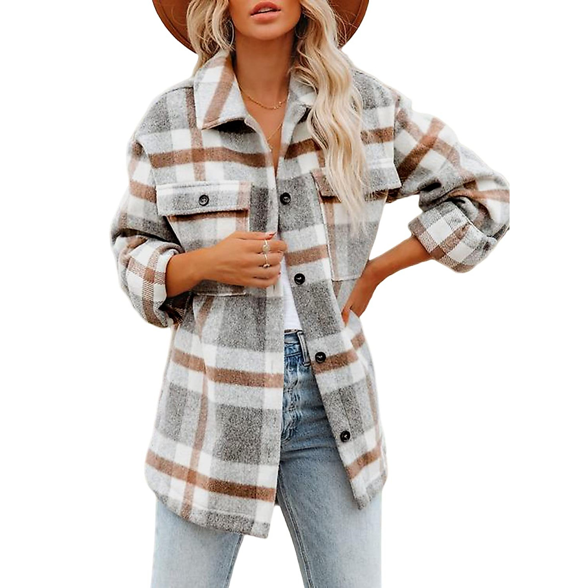 Beaully Women's Brushed Plaid Shirts Long Sleeve Flannel Lapel Button Down Pocketed Shacket Jacket Coats 6017 Khaki Large
