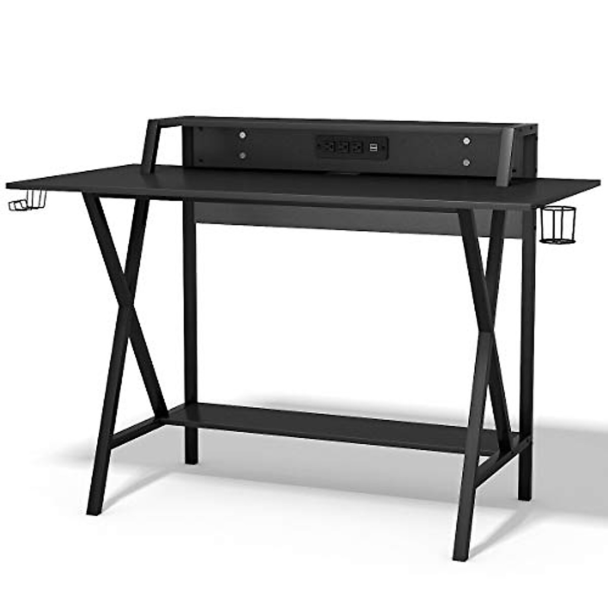 GOFLAME Gaming Computer Desk, Large Computer Gaming Workstation with Cup & Headphone Holder, Study Writing Desk for Home and Office, Black