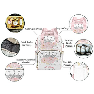Floral Silver Crown Personalized Diaper Backpack with Name,Custom Travel DayPack for Nappy Mommy Nursing Baby Bag One Size