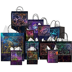 Obami Glow in the Dark Gift Bag with Creative Luminous Constellation Design, 24 pcs include 12 Paper Kraft Bags of 3 Different Sizes & 12 Wrapping Papers
