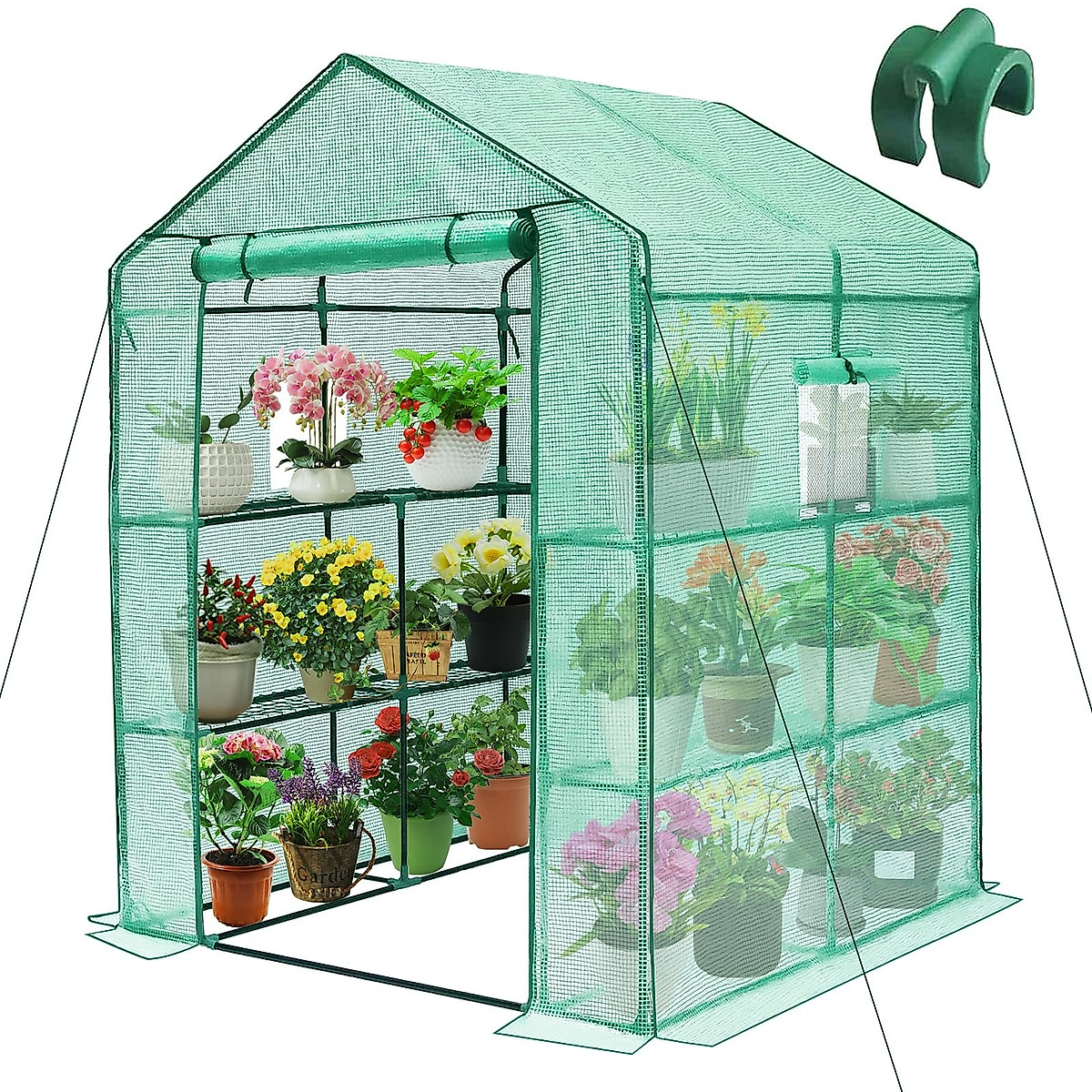 Greengro Greenhouse, 56 x 56 x 75'' Greenhouses for Outdoors, Durable Green House Kit with Window, Thicken PE Cover, 3 Tiers 8 Shelves, Heavy Duty Walk in Green Houses for Indoor Backyard Outside