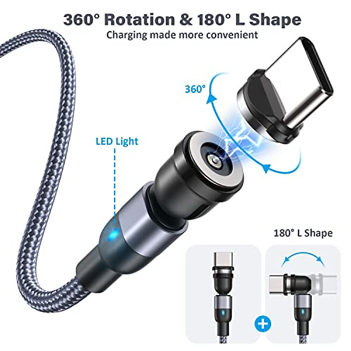 Aripps Magnetic Charging Cable 4 Pack (3.3ft/6.6ft/6.6ft/10ft), 540 Degree Rotating Magnetic Phone Charger Cable, 3 in 1 Nylon Braided Magnetic USB Cable for Type C, Micro USB