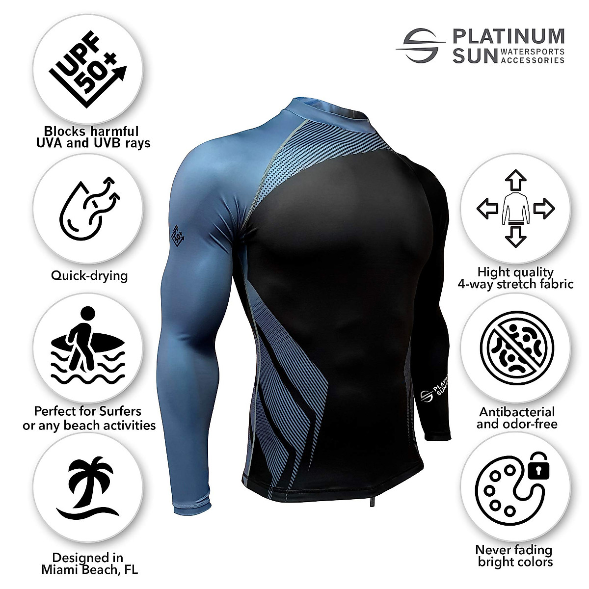 Platinum Sun UPF 50+ Rash Guard for Men Long Sleeve Swim Surf Shirt - Tight Tit UV Rashguard (Cobalt, XXL)