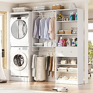 Closet System with Drawer - Reversible 5FT Wood Closet Organizer System with 2 Hanging Rods and Adjustable Shelf, Walk In Closet Organizers with Shoe Rack, Built-In Garment Rack Clothes Rack, White