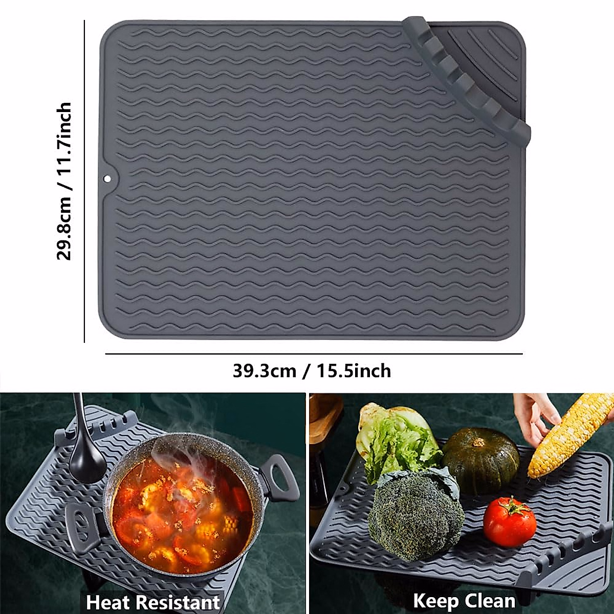 Silicone Dish Drying Mats with Utensils Holder, Heat Resistant Dish Drying Mat for Kitchen Counter, Non-slip Quick Dry Pad for Washing Dishes, Multiple Utensils Sink Dish Drying Mat with Spoon Rest