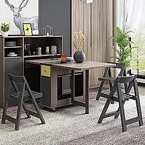 FUNROLUX Folding Dining Table with Storage Rack and 2 Drawers, Movable Kitchen Table Extendable Versatile Table Space Saving Foldable in 3 Forms (Grey)