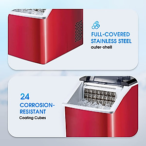 FREE VILLAGE Ice Maker Machine Countertop, 40Lbs/24H, Auto Self-Cleaning, 24pcs Ice Cube in 13 Mins, Portable Compact Ice Cube Maker, with Ice Scoop & Basket, Ideal for Home/Kitchen/Office/Bar, Red