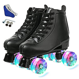 Women's Derby Roller Skates Light Up Wheels, Florescent Adjustable Outdoor PU Leather Double Row Roller Skates Wheels for Teens and Youth (Black Flash Wheel,6)