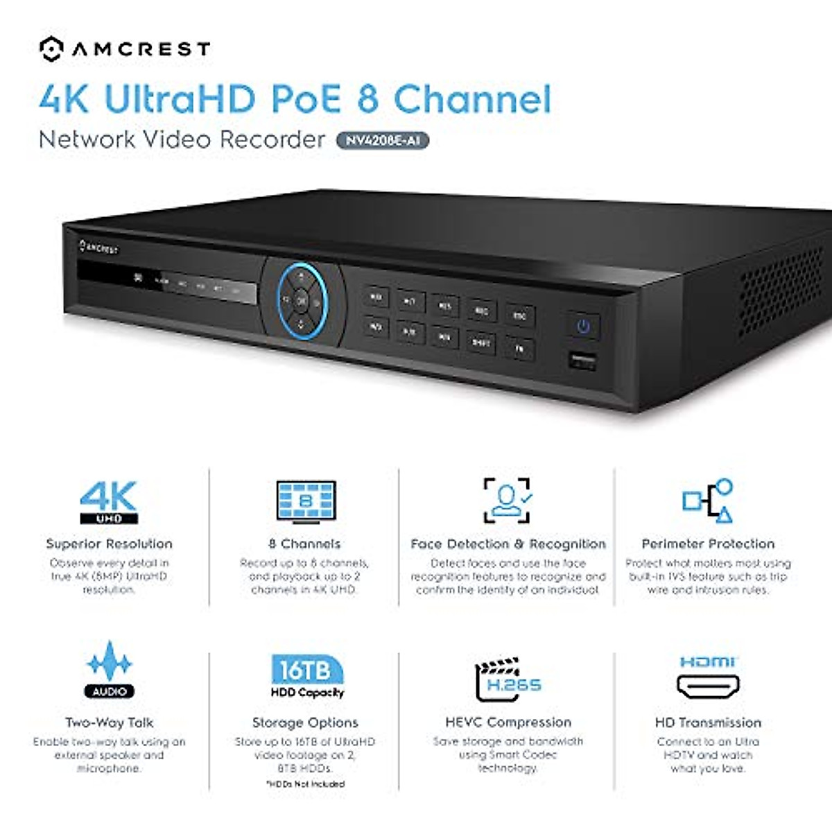 Amcrest 4K NV4208E-AI 8-Channel AI NVR (8-Port PoE) Smart NVR, Facial Recognition, Facial Detection & Vehicle Detection - Supports 8 x 4K IP Cameras, Supports up to 2 x 8TB Hard Drives (Not Included)