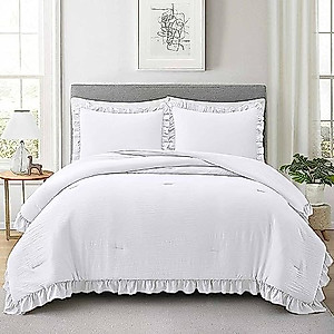 Faincy King Size Comforter Set, White Ruffled Reversible Down Alternative Bed Sets - 104 x 90 3PC Soft Microfiber Duvet Farmhouse Vintage Shabby Chic Rustic Bedding in a Bag for Women Men