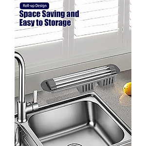 CLNGAI Roll Up Dish Drying Rack,Expandable Over The Sink Dish Drainer,Stainless Steel Kitchen Rolling Sink Rack with Utensil Holder,Length Up to 22.3" (Grey)