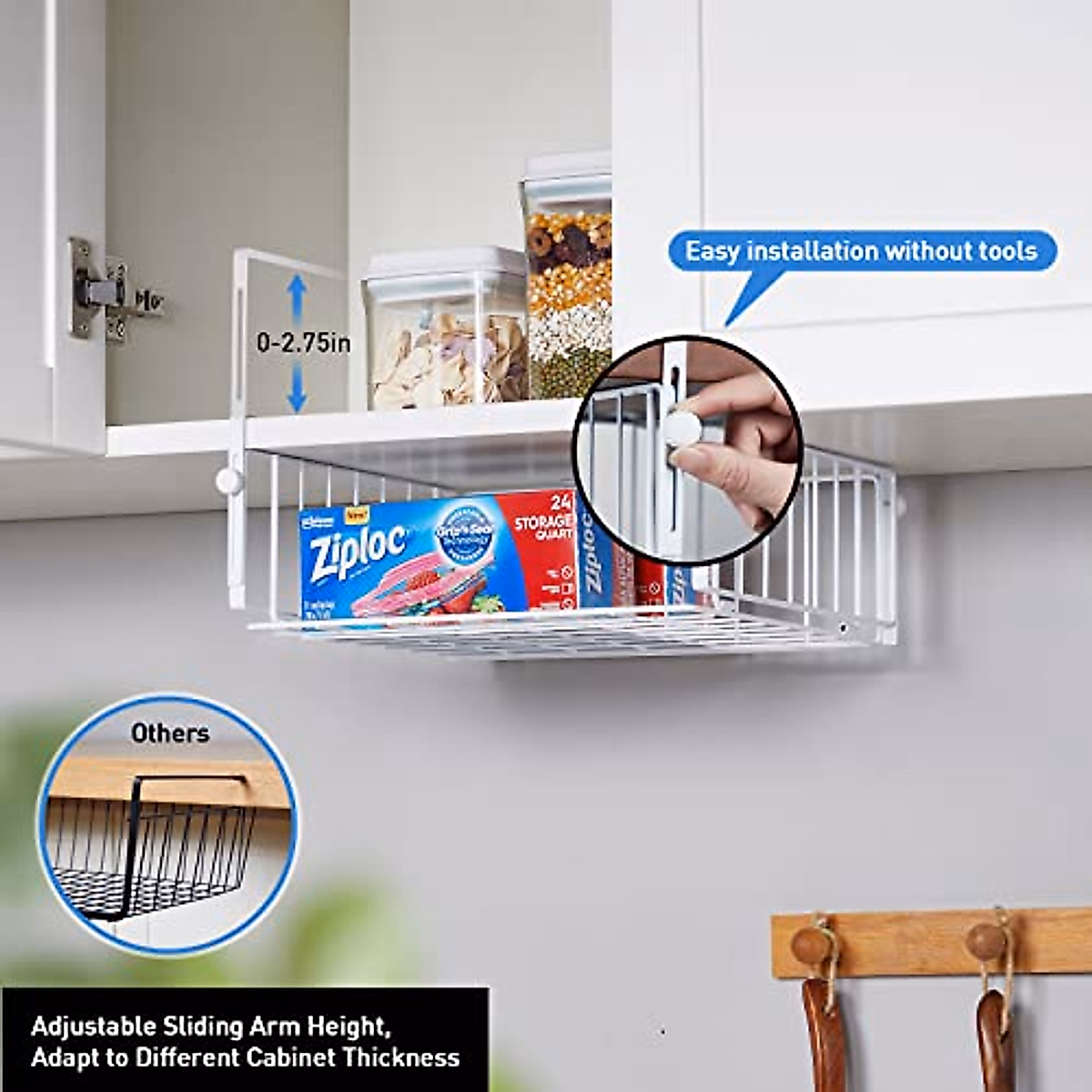 AmonHouseware 2 Pack Hanging Under Shelf Storage Basket,Adjustable Under Cabinet Add-on Storage Racks Slide-in Baskets Organizer for Laundry Room Kitchen Pantry Desk Bookshelf, White
