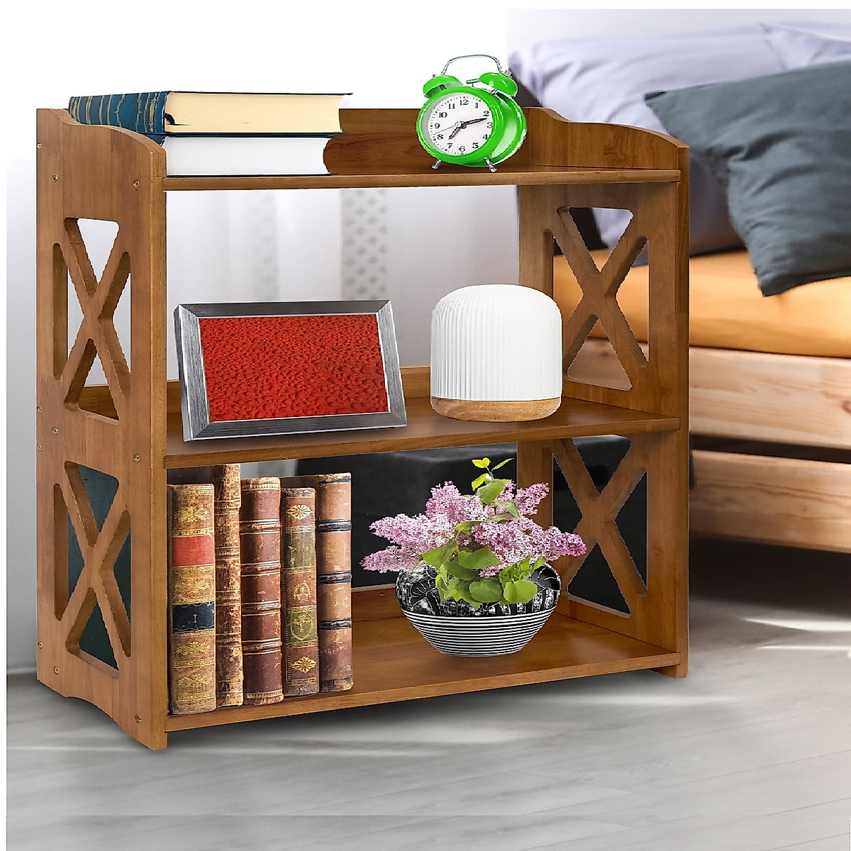 YCICI Bookcase by Natural Wood, 3 Tier Bookshelf, Small Book Shelves Freestanding Display Storage Shelves. Open Bookshelf for Bedroom, Living Room and Office (Brown, 3 Tier)