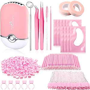 316 PCS Eyelash Extension Supplies, USB Mini Portable Air Conditioning Blower Handheld Dryer Fan Rechargeable Mini Mirror, Tapes, Tweezers, Eyelash Brushes, Micro Brush Applicators(Pink)