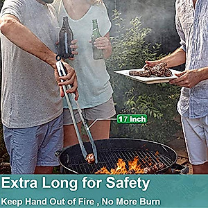 BBQ Tongs for Grilling, 17" Long Kitchen Cooking Stainless Steel Heavy Duty Locking Grill Tongs with Soft Grip Silicone Handle