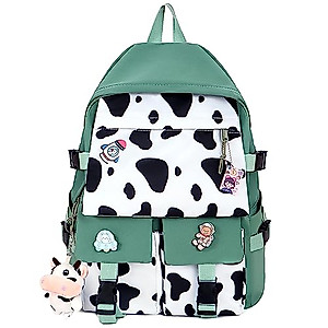 Unineovo Cow Print Kawaii Backpack with Cute Pin Accessories Plush Pendant Kawaii School Backpack Cute Aesthetic Backpack
