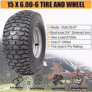 15x6.00-6 lawn mower tires,4 Ply Tubeless Front Tire Assembly Replacement for Craftsman Mower,570lbs Capacity,3"offset hub,3/4"Bushing, for More Lawn &Garden Riding Mower (2 Pack)