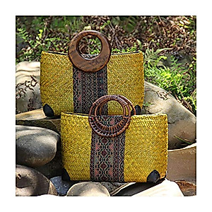 QTKJ Women Summer Retro Straw Bag with Printing Hand-woven Beach Handbag Top Round Handle Boho Tote Bag Shopping and Travel Large Bag (Yellow)