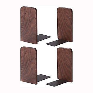 Muso Wood Book Ends for Shelves, Non-Slip Bookends, Heavy Duty Wooden Bookend Support for Books and Movies (Walnut 2 Pairs)