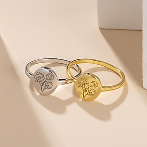 YeGieonr Handmade Flower Signet Ring,18K Gold Ring for Women, Minimalistic Statement Ring with Botanical Engraved Delicate Personalized Jewelry Gift for Women