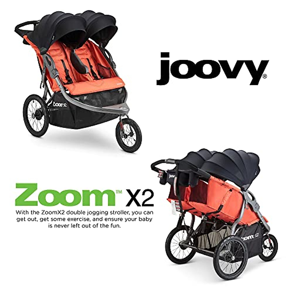 Joovy Zoom X2 Lightweight Performance Double Jogging Stroller Featuring Extra-Large Pneumatic Tires with Air Pump Included, Locking and Swiveling Front Tire, and Easy One-Handed Fold, Paprika