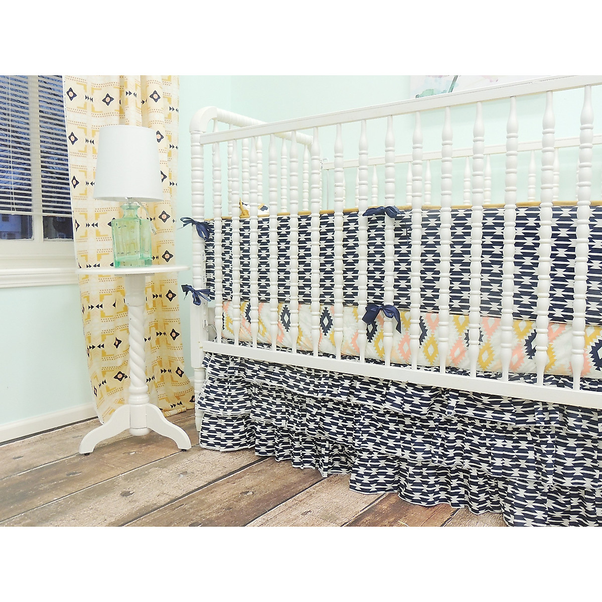 Tushies and Tantrums Aztec Crib Bedding, Ruffle Skirt, Mint/Peach/Gold/Navy Blue