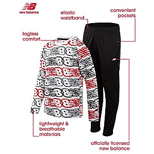 New Balance Boys' Jogger Set - 2 Piece Long Sleeve T-Shirt and Tricot Sweatpants (8-12), Size 10, White/Black