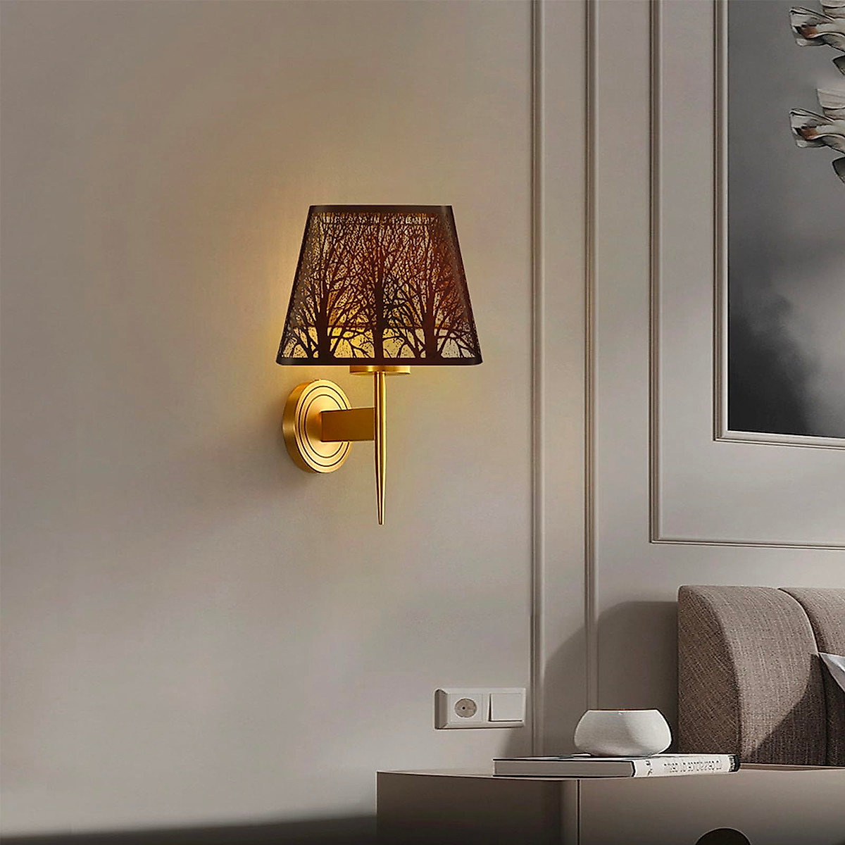 Medium Square Lamp Shades, ALUCSET Metal Lampshade with Pattern of Trees for Table Lamp and Floor Light, 7 x 10 x 7.5 Inch, Pattern of Trees (Black/Gold)