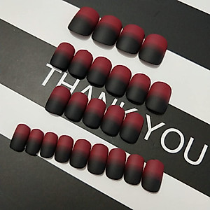 Aonet Press on Nails Short 24pcs Acrylic Fake Nails Red Black Gradient Matte Square False Nails Kit for Women Girls Full Cover Stick on Nails