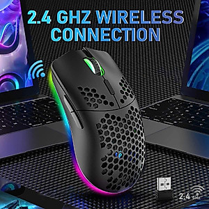 RGB Wireless Gaming Mouse,Ultra-Lightweight Honeycomb Shell Mice with 2.4G Wireless Rechargeable,RGB Spectrum Backlit,7 Buttons,3200DPI,Ergonomic Long Battery Life for PC,Xbox,PS4 Gamers(Black)