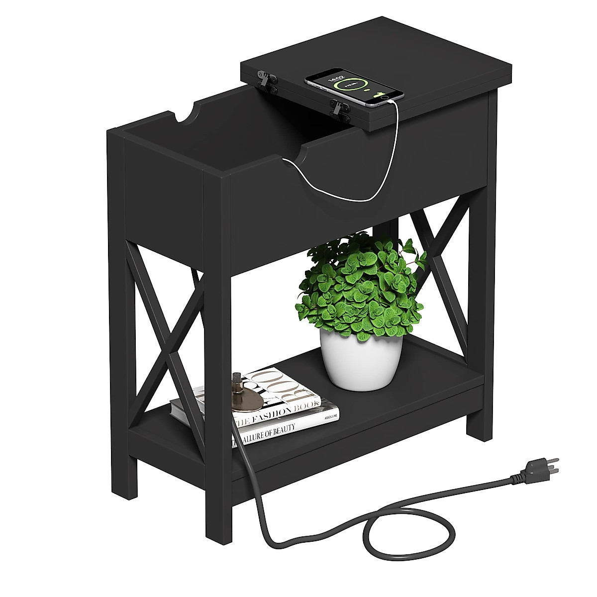 ChooChoo End Table with Charging Station - Narrow Flip Top Side for Small Spaces, Bedside Table with USB Ports & Power Outlets, Storage Nightstand Sofa Table for Living Room, Bedroom (Black).