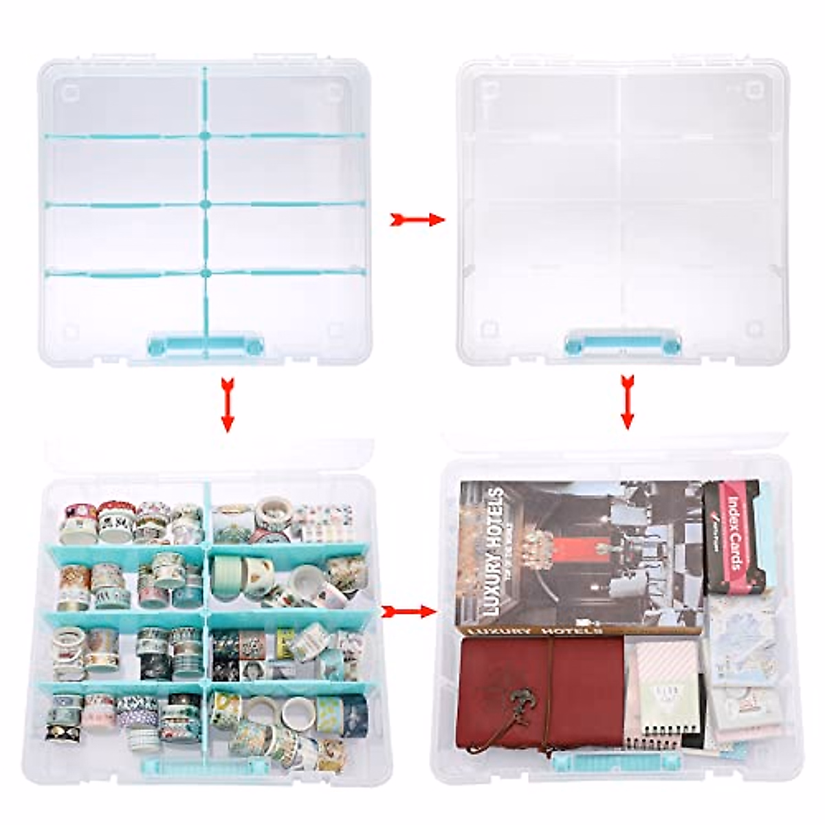 BTSKY Clear Plastic Dividing Storage Box with 8 Compartments Adjustable Storage Bin with Lid Portable Craft Storage Container Multipurpose Sewing Box Art Supply Organizer, 15.1x13.9x3.5 Inches