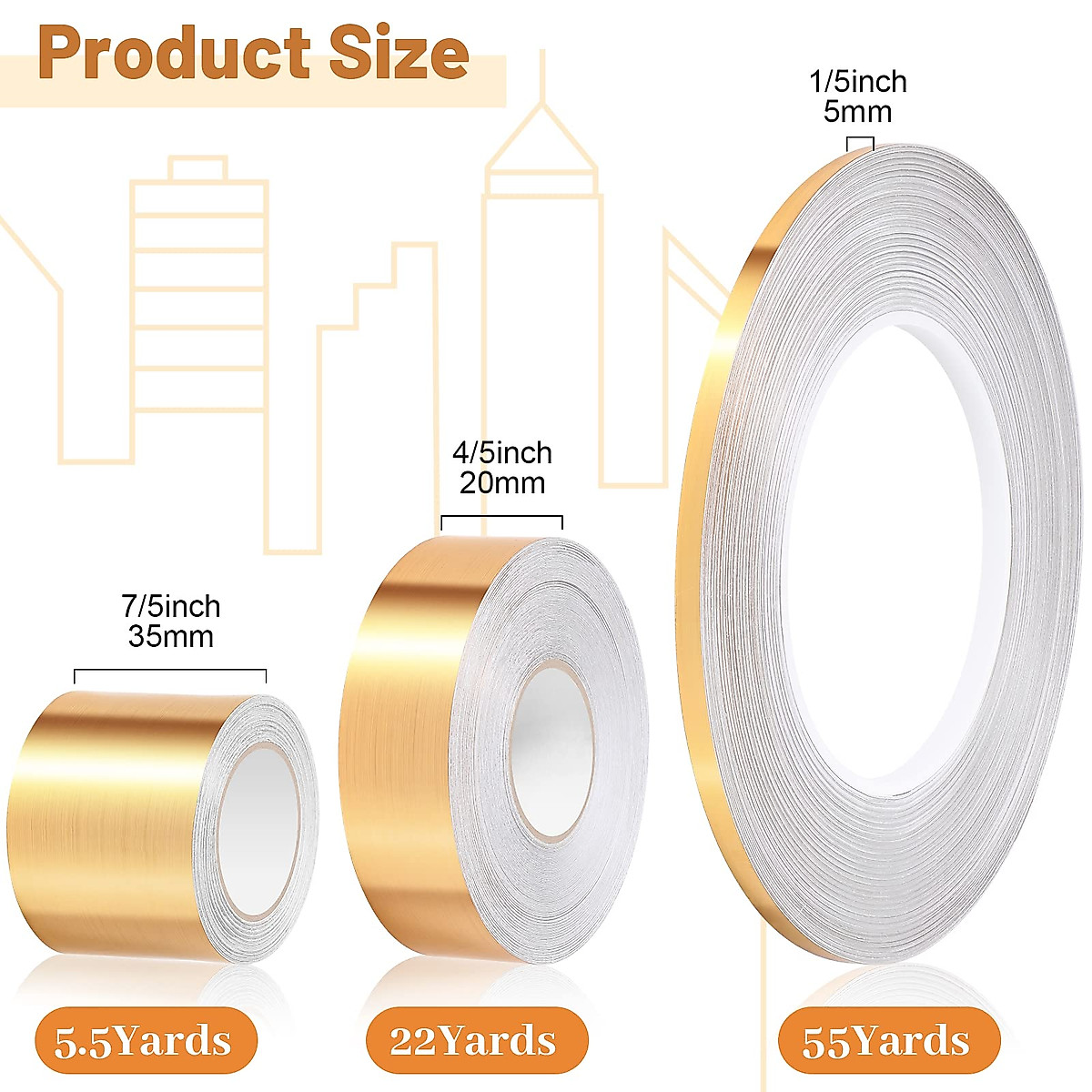 3 Rolls Tape, Self Adhesive Metalized Polyester Film Tape, Washi Tape for Christmas Detailing Accent Walls Graphic Arts for Cars and Boats Trim, 3 Sizes (Multi Size, Gold)