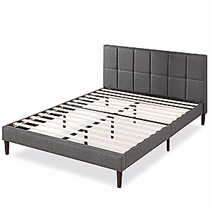 ZINUS Lottie Upholstered Platform Bed Frame with Short Headboard and USB Ports / Mattress Foundation / Wood Slat Support / No Box Spring Needed / Easy Assembly, Grey, Queen