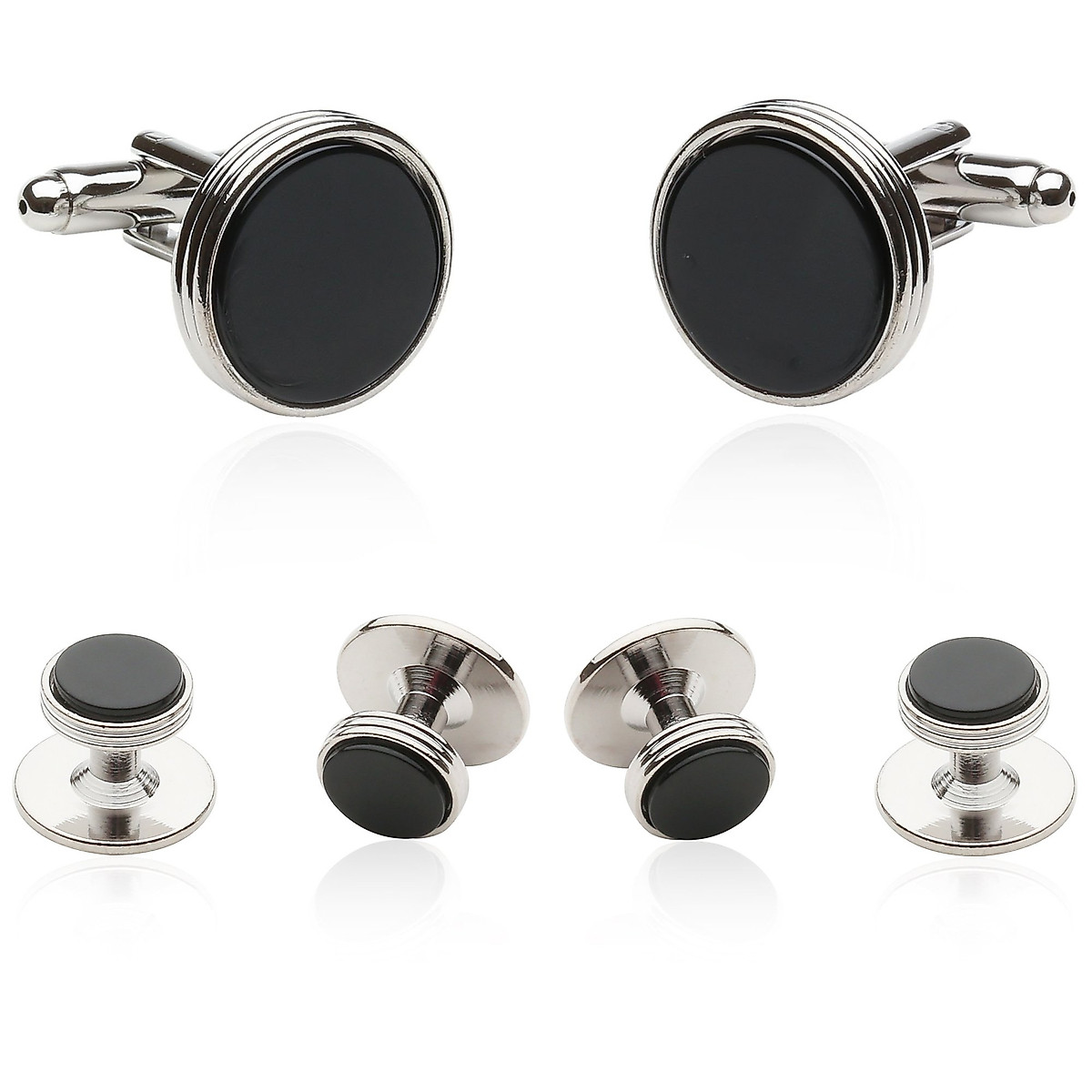 Mens Black Tuxedo Cufflinks and Studs Formal Set in Onyx and Silver with Travel Presentation Gift Box Men Cufflinks for Wedding Groomsmen Jewelry - Cufflinks and Studs Men Tuxedo