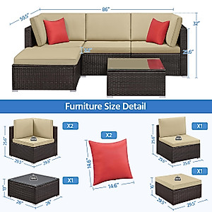 Yaheetech Patio Furniture Set, 5-Piece Outdoor/Indoor Rattan Wicker Sofa Set w/Glass-top Table & Cushions, All-Weather Conversation Lounge Set for Porch/Yard/Poolside/Balcony - Brown/Khaki