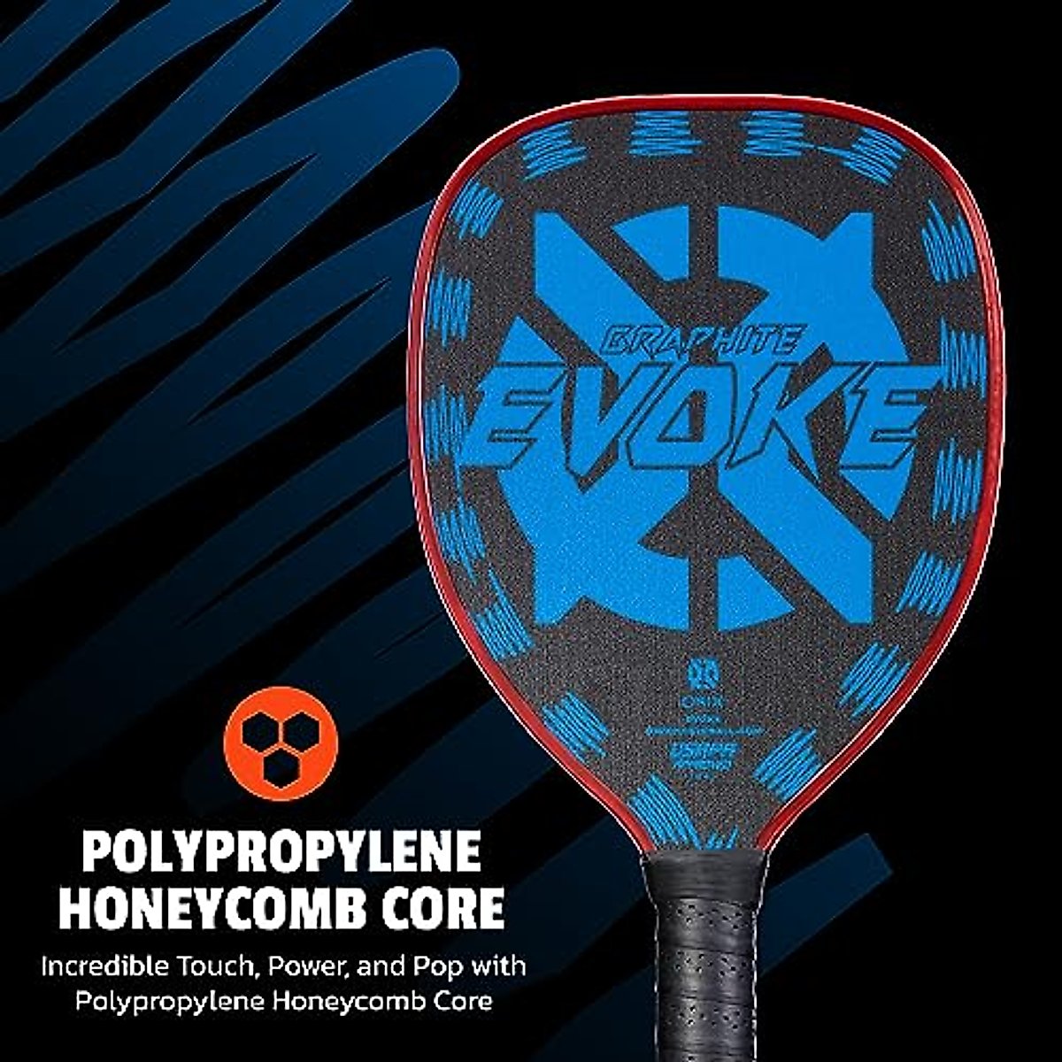 Onix Graphite Evoke Tear Drop Pickleball Paddle Features Tear Drop Shape, Polypropylene Core, and Graphite Face, Blue