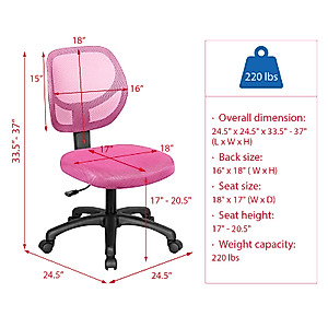 POWERSTONE Small Desk Chair Home Office Chair Armless Adjustable Swivel Ergonomic Office Computer Mesh Chair Low Back Task Chair for Small Spaces Pink