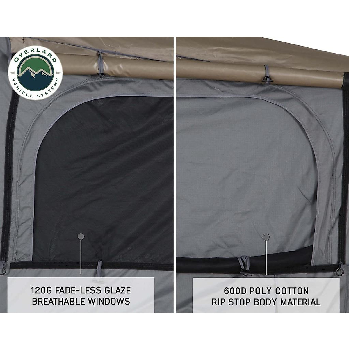 Overland Vehicle Systems Bushveld II Hard Shell Clam Shell Roof Top Tent with Aluminum Base Dark Grey Body and Green Rainfly - 2 Person Tent - Four Seasons Ready