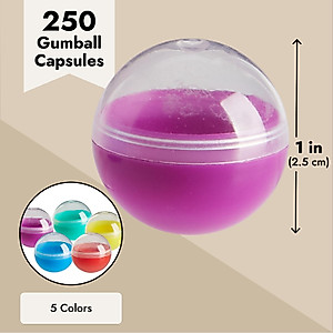 250-Pack Vending Machine Capsules - 1 Inch Gumball, Toy, Temporary Tattoo, Bulk Gumball Refills (5 Colors)