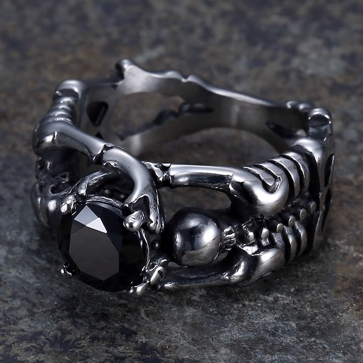 Retro Vintage Stainless Steel Skeleton Skull Gothic Wedding Halloween Statement Biker Ring (Silver Black, 7)