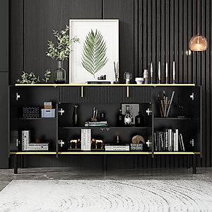 AIEGLE Modern 63" Long Buffet Sideboard Console Table, Kitchen Storage Cabinet with Drawer & 4 Doors, Buffet Server Bar Decorative Cupboard for Dining Living Room Entryway, Black & Golden