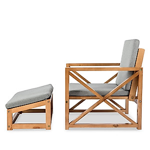 FURNDOOR 2-Piece Wood Patio Chair and Ottoman Set with Cushions Outdoor Patio Furniture Set Outdoor Chairs with Ottomans Set of 2 for Backyard, Porch, and Poolside (2 Sofa+2 Ottoman)