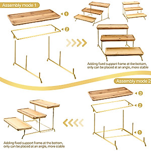 Thyle 2 Pcs 3 Tier Serving Trays Stand Rectangle Bamboo Tiered Serving Platters Dessert Table Display Set with 4 Pcs Tongs Trays with Metal Rack for Easter Wedding Party Food Cupcake(Gold)