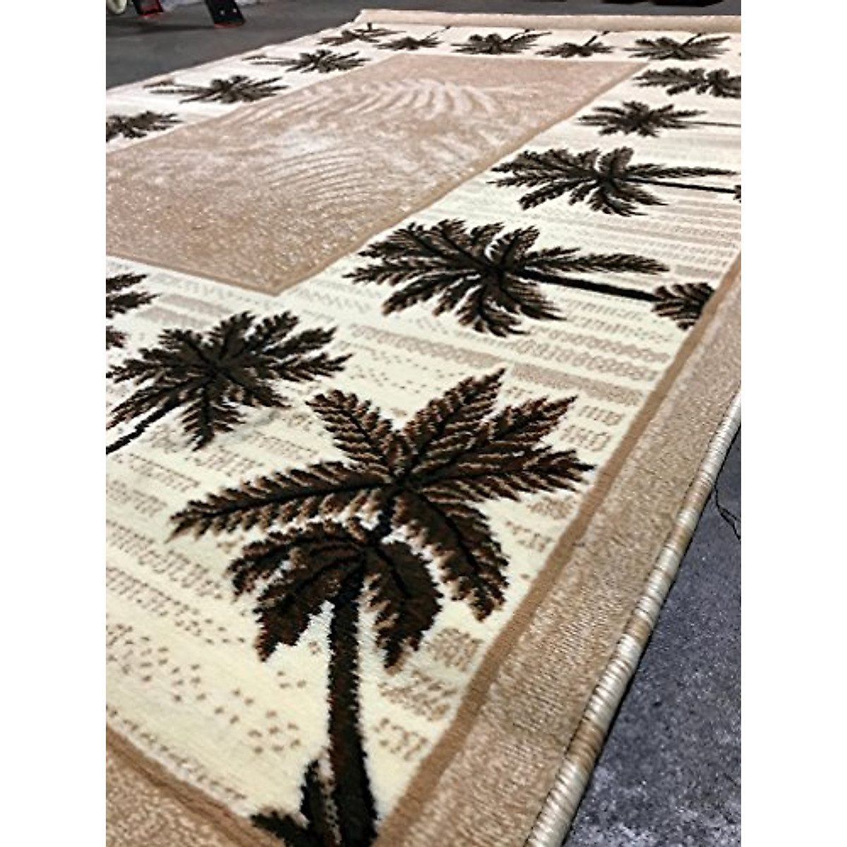 Palm Tree Modern Area Rug Tropical Beige & Green Design 729 (5 Feet X 7 Feet)