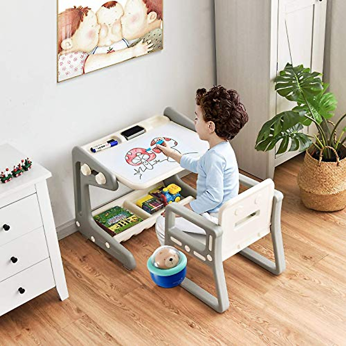 Costzon 2 in 1 Kids Table & Chair, Art Easel w/Adjustable Magnetic Painting Board, Storage Space, Art Supply Accessory, Children Convertible Activity Table Set for Drawing Reading Art Playroom (Gray)